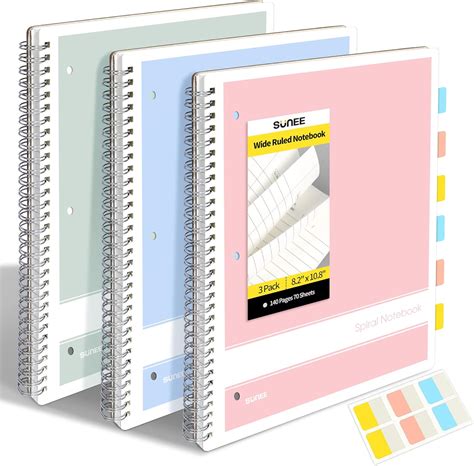 Sunee Spiral Notebooks Wide Ruled 3 Pack 82x108 1 Subject Notebook With