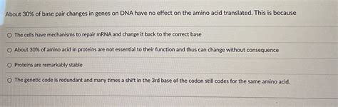 Solved About 30 Of Base Pair Changes In Genes On DNA Have Chegg Com