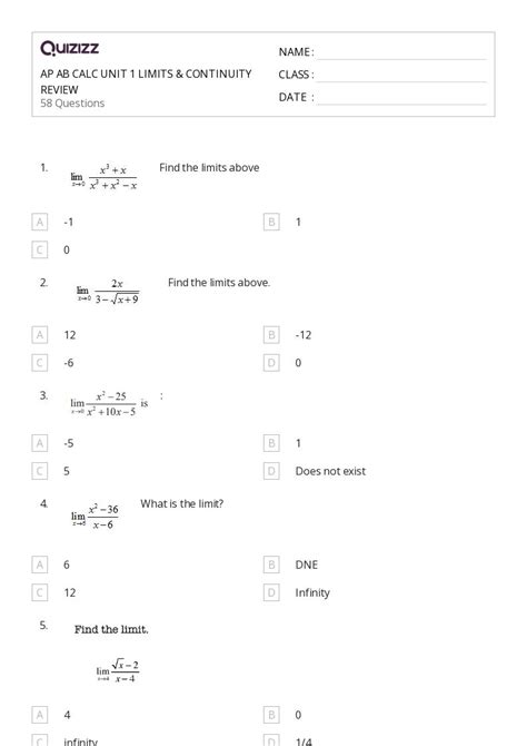 50 Limits And Continuity Worksheets For 9th Grade On Quizizz Free And Printable