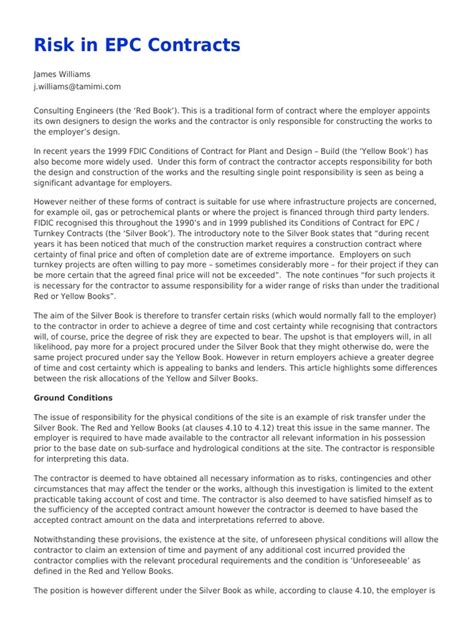Risk In Epc Contracts Pdf Employment Risk