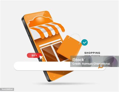 주황색 쇼핑백 검색 창 구매 아이콘 누르기 표시 및 전면 스마트 폰 매장 또는 상점 표시 3차원 형태에 대한 스톡 벡터 아트 및 기타 이미지 Istock