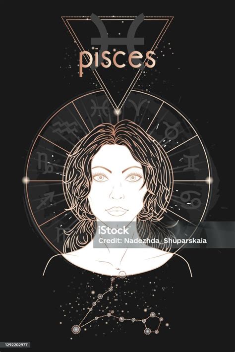 골드 점성술 카드 조디악 기호 물고기자리 별자리와 아름다운 여성 초상화 게자리에 대한 스톡 벡터 아트 및 기타 이미지 게자리