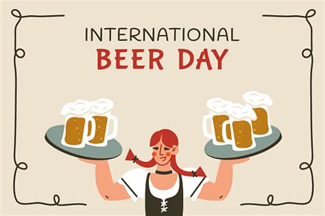 인사말 배경입니다 국제 맥주의 날 쟁반에 맥주잔을 들고 있는 쾌활한 여자 민족 드레스를 입은 귀여운 행복한 소녀가 휴가를 축하합니다 평면 만화 스타일의 벡터 일러스트 레이