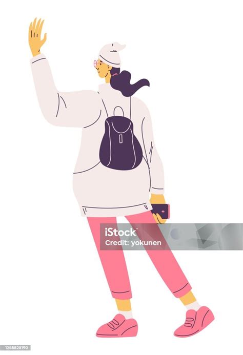 모자를 쓴 젊은 여성이 미소를 지으며 하이파이브 제스처를 위해 손을 내밀고 있다 배낭을 가진 벡터 캐릭터 가공의 인물에 대한 스톡 벡터 아트 및 기타 이미지 Istock