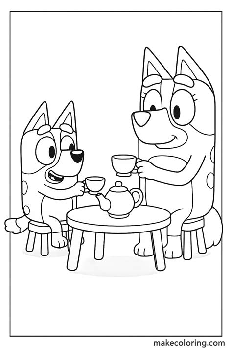 Bluey With Mum Chilli Having Tea Party Printable Bluey Coloring Page