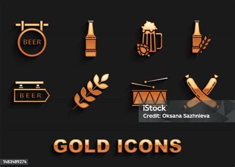 쌀 밀 옥수수 귀리 호밀 보리 맥주병 교차 소시지 악기 드럼 및 드럼 스틱 거리 간판 비문 맥주 홉 잔 및 아이콘으로 설정된 곡물을 설정합니다 벡터 거리에 대한 스톡 벡터