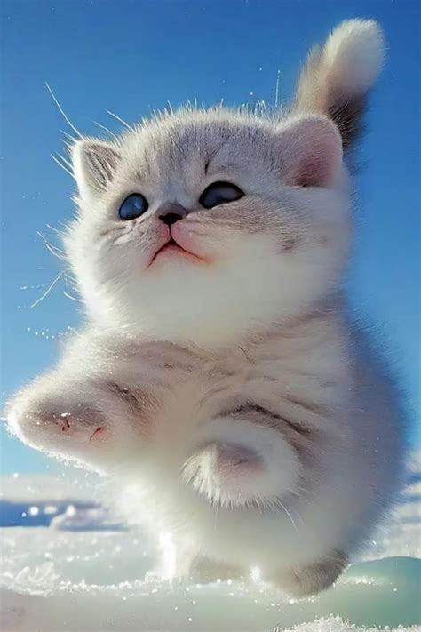 Cute White Kitten In Snow With Blue Eyes