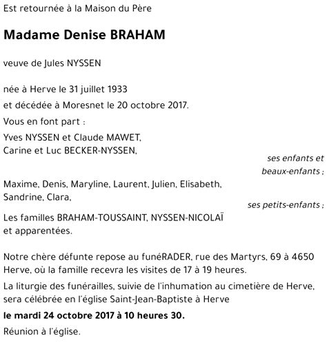 Avis De Décès De Denise Braham Décédé Le 20 10 2017 à Moresnet Annonce Condoléances Fleurs