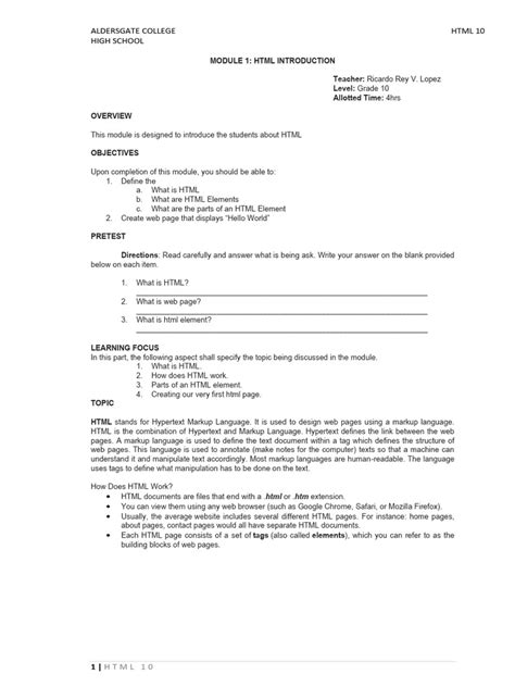 Module 1 Introduction To Html Pdf Html Element Html