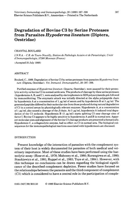 Pdf Degradation Of Bovine C3 By Serine Proteases From Parasites Hypoderma Lineatum Diptera