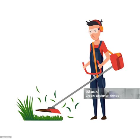 전기 깎는 기계와 뒤뜰과 잔디 깎기에서 일하는 전문 정원사 정원에서 잔디를 자르는 남성 핸디맨 전문 노동자의 컬러 플랫 만화 벡터 일러스트 잔디 깎기에 대한 스톡 벡터 아트