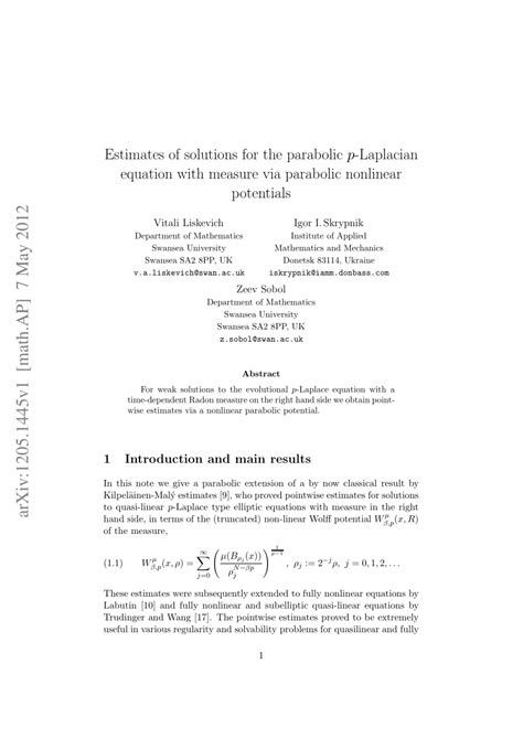 Pdf Estimates Of Solutions For The Parabolic P Laplacian Equation With Measure Via Parabolic