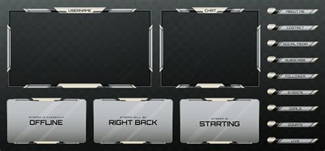 게임 및 라이브 비디오 스트리밍 플랫폼을 위한 메탈릭 블랙 실버 그레이 테마의 스트림 오버레이 웹캠 화면 프레임 및 스트림 경고 Gui 패널 메뉴판에 대한 스톡 벡터 아트