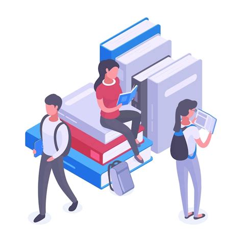 아이소메트릭 사람들 교육 거대한 3d 책 더미를 가진 책을 읽는 학생들 대학생 시험 준비 격리 벡터 삽화 프리미엄 벡터