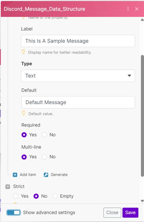webhook datastructure at for flowise to discord prompt