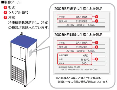 型式シリアル番号冷媒の種類の確認方法 EYELA 東京理化器械株式会社