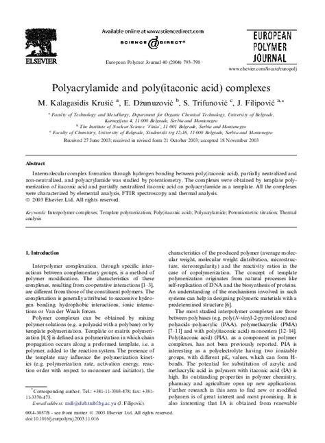 Pdf Polyacrylamide And Polyitaconic Acid Complexes