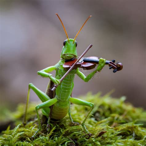 Grasshopper Plays Tiny Violin On Moss Serene Natural Setting Enhances