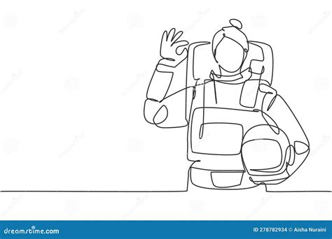 Continuous One Line Drawing Female Astronaut With Gesture Okay Wearing Spacesuits To Explore