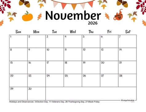 November Calendar 2026 Thanksgiving Day Monthly Calendar Printable
