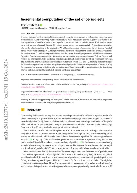 Pdf Incremental Computation Of The Set Of Period Sets