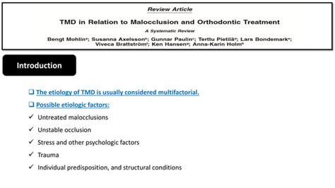Tmd In Relation To Malocclusion And Orthodontic Treatment By Mohlin Et