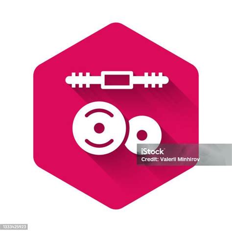 긴 그림자 배경으로 격리 된 화이트 바벨 아이콘 근육 리프팅 아이콘 피트니스 바벨 체육관 스포츠 장비 운동 범벨 핑크 육각형