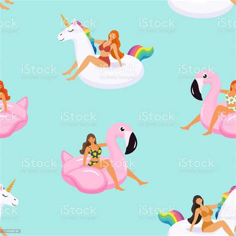 풍선 수영장 플라밍고와 유니콘에 유행 수영복에 귀여운 여자와 여름 패턴입니다 벡터 원활한 텍스처입니다 소녀에 대한 스톡 벡터