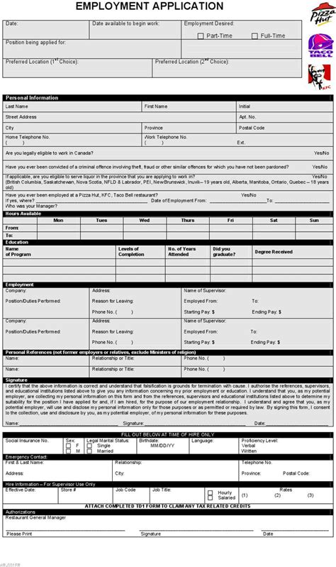 Pizza Hut Employment Application 2 Employment Application