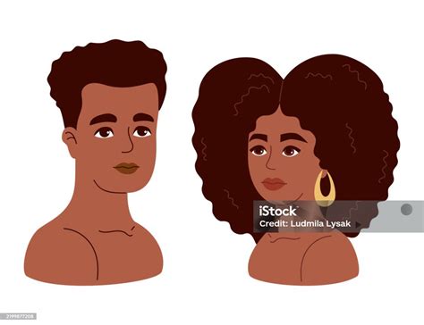 곱슬 머리 스타일과 남자를 가진 귀여운 아프리카 계 미국인 여성 고립된 민족 초상화 아바타 이런 풍경이 어우러져 있습니다 벡터 일러스트 레이 션 2명에 대한 스톡 벡터 아트