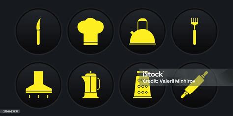 주방 추출기 팬 포크 프렌치 프레스 강판 손잡이가 있는 주전자 요리사 모자 롤링 핀 및 나이프 아이콘을 설정합니다 벡터 검은색에 대한 스톡 벡터 아트 및 기타 이미지