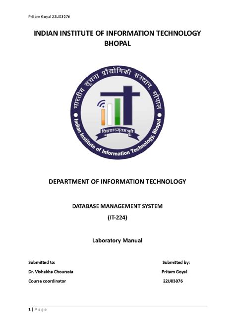Dbms Lab Manual Final Indian Institute Of Information Technology Bhopal Department Of
