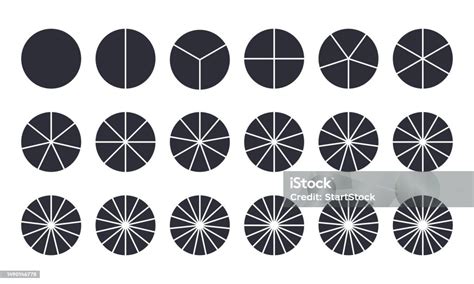 원은 1에서 18까지 부분으로 나뉩니다 인포그래픽 파이 부분 또는 피자 슬라이스에 대한 검은색 원형 차트 바퀴를 분수로 나누고 흰색 바탕에 원형 섹터 원형에 대한 스톡 벡터