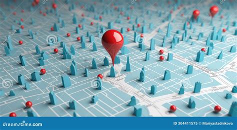 red geolocation marker on the map in 3d style navigation system stock