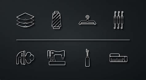 세트 라인 레이어 의류 직물 전기 다리미 크로 셰 뜨개질 후크 송곳 도구 재봉틀 실 스풀 줄자 및 옷걸이 옷장 아이콘 벡터 가정 생활에 대한 스톡 벡터 아트 및 기타 이미지