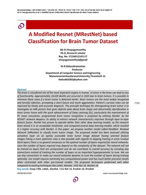 A Modified Resnet Mrestnet Based Classification For Brain Tumor Dataset Pdf Machine