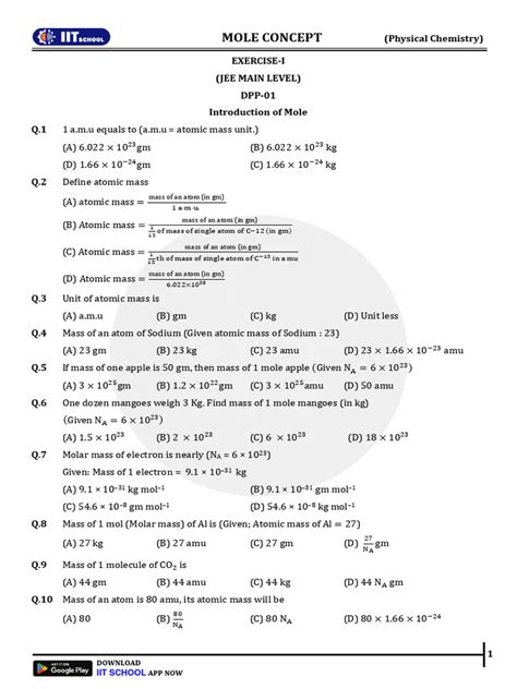 Mole Concept Sheet 01 Exercise 1 Pdf Mole Unit Gases