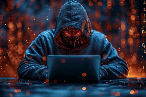 Um Hacker Com Um Capuz Azul Escuro Senta Se Em Um Laptop De Frente Para