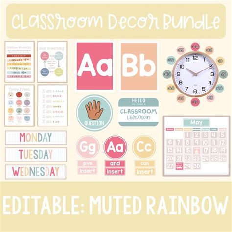 Muted Rainbow Classroom Decor Bundle Editable Theme Elementary