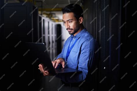 Premium Photo Man Server Room And Laptop Of Programming System