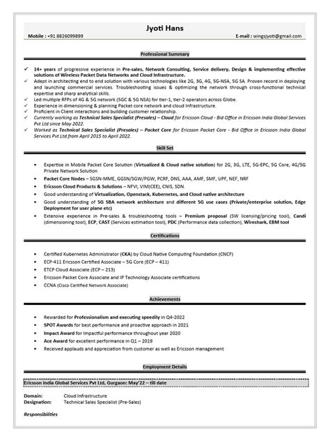 Resume Jyoti Hans Presales Download Free Pdf Computer Science Mobile Telecommunications
