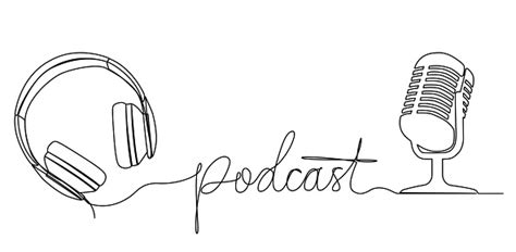 손으로 쓴 단어 Podcast와 마이크 및 헤드폰의 연속 한 줄 그리기 한붓그리기에 대한 스톡 벡터 아트 및 기타 이미지