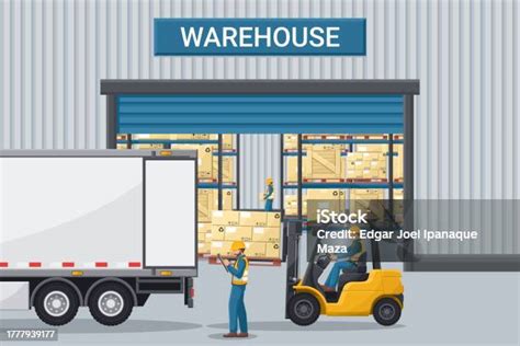 팔레트 지지용 산업용 금속 랙과 선반이 있는 창고 컨테이너 트럭에 상자를 적재하는 지게차 화물 및 운송 물류 제품의 산업 저장 및 유통 서비스에 대한 스톡 벡터 아트 및