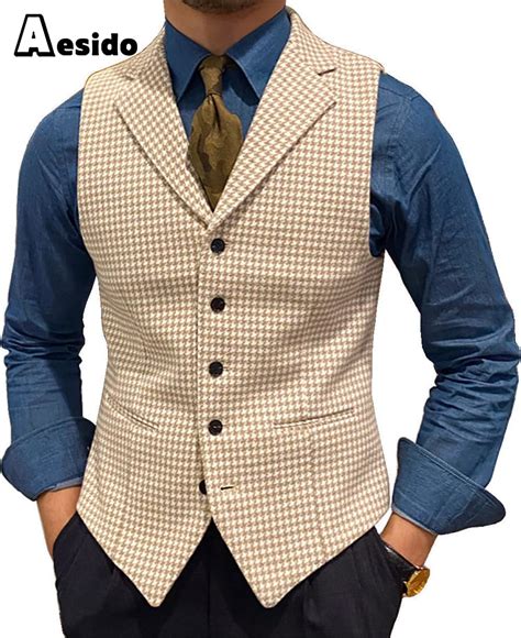 Formal Mens Suit Vest Houndstooth Lapel Waistcoat Aesido