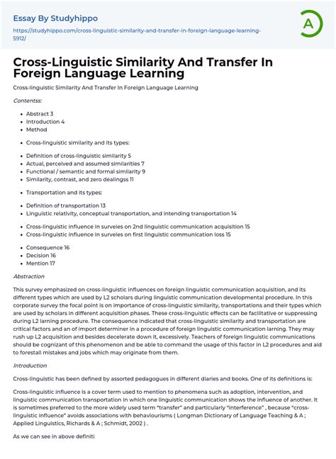 Cross Linguistic Similarity And Transfer In Foreign Language Learning Essay Example