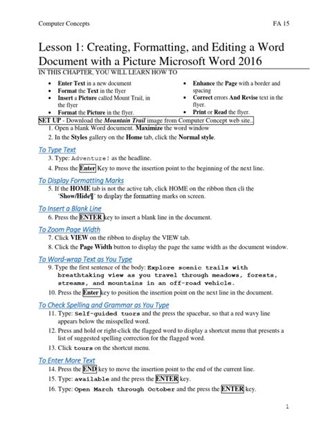 Microsoft Word 2016 Lesson 1 Directions Pdf Button Computing Microsoft Word