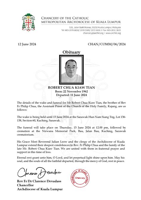 Obituary Of Mr Robert Chua Brother Of Rev Fr Philip Chua