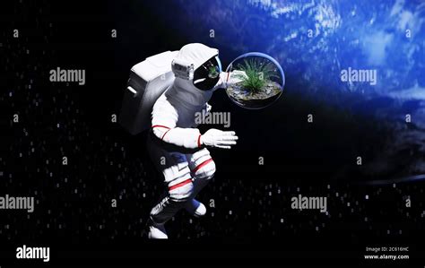 Astronaut And Grass In Glass Sphere In Outer Space Ecology Concept 3d