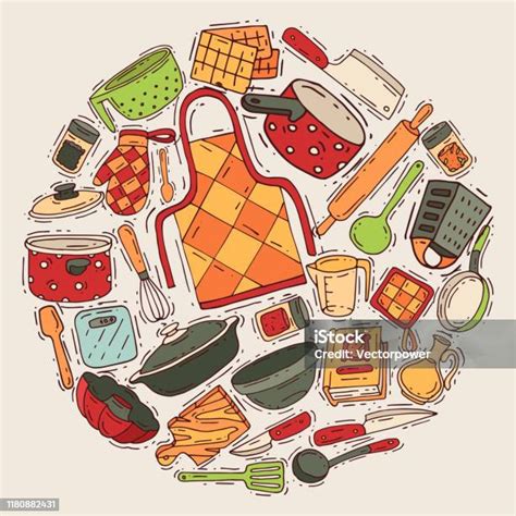 요리 장비 둥근 패턴 벡터 주방 용품 또는 주방 용품 및 주방 용품 칼 붙이 및 접시 그림과 음식 식기와 프라이팬 하우스홀 요리