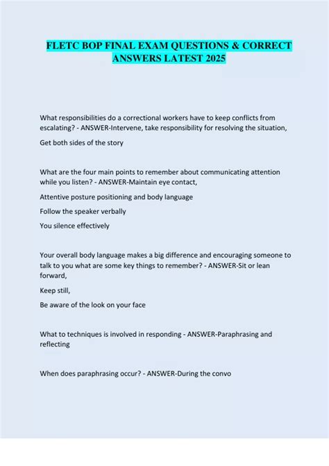 FLETC BOP FINAL EXAM QUESTIONS CORRECT ANSWERS LATEST 2025 FLETC BOP Stuvia US